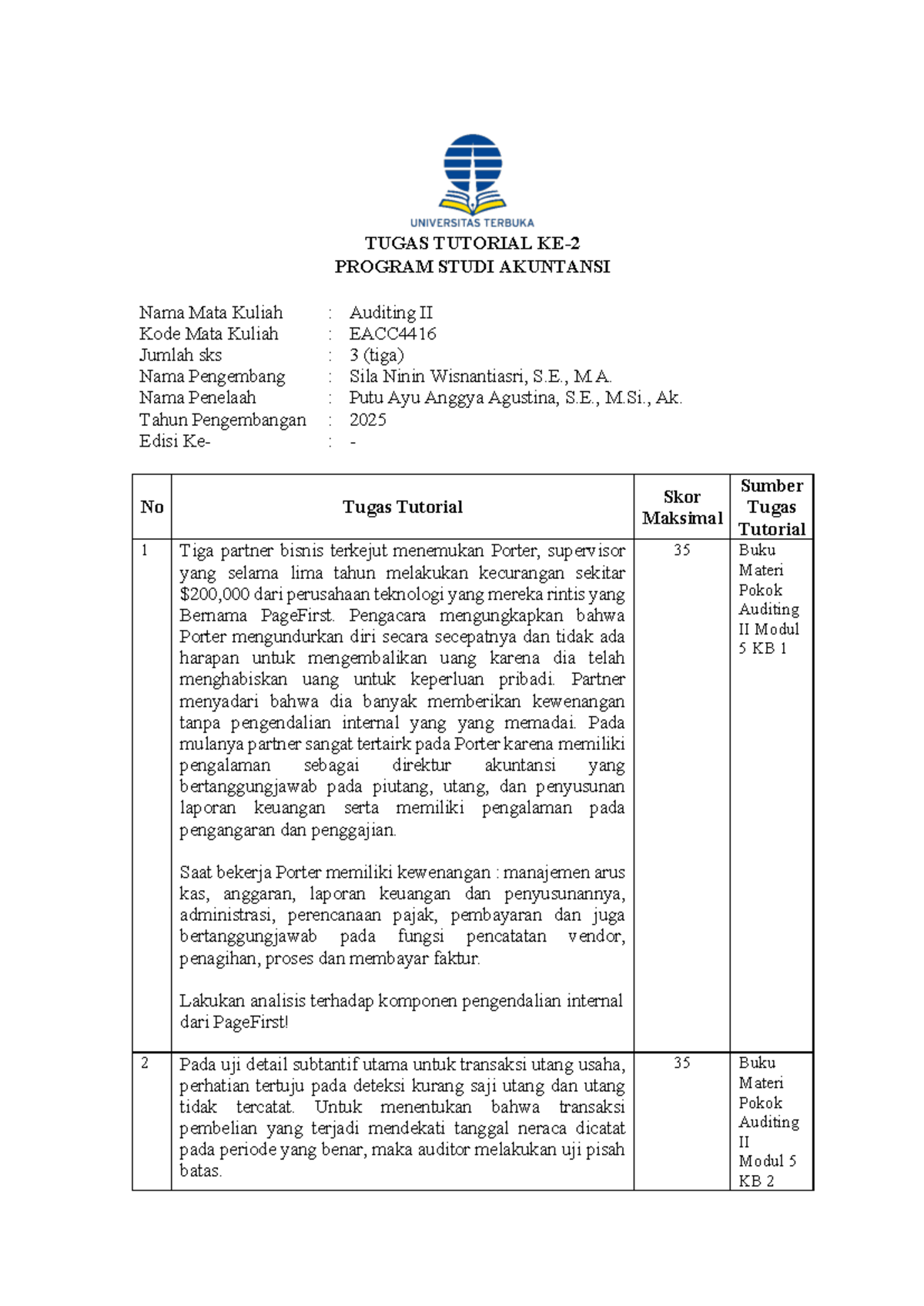Tugas Tutorial Auditing II EACC4416: Analisis Pengendalian Internal ...