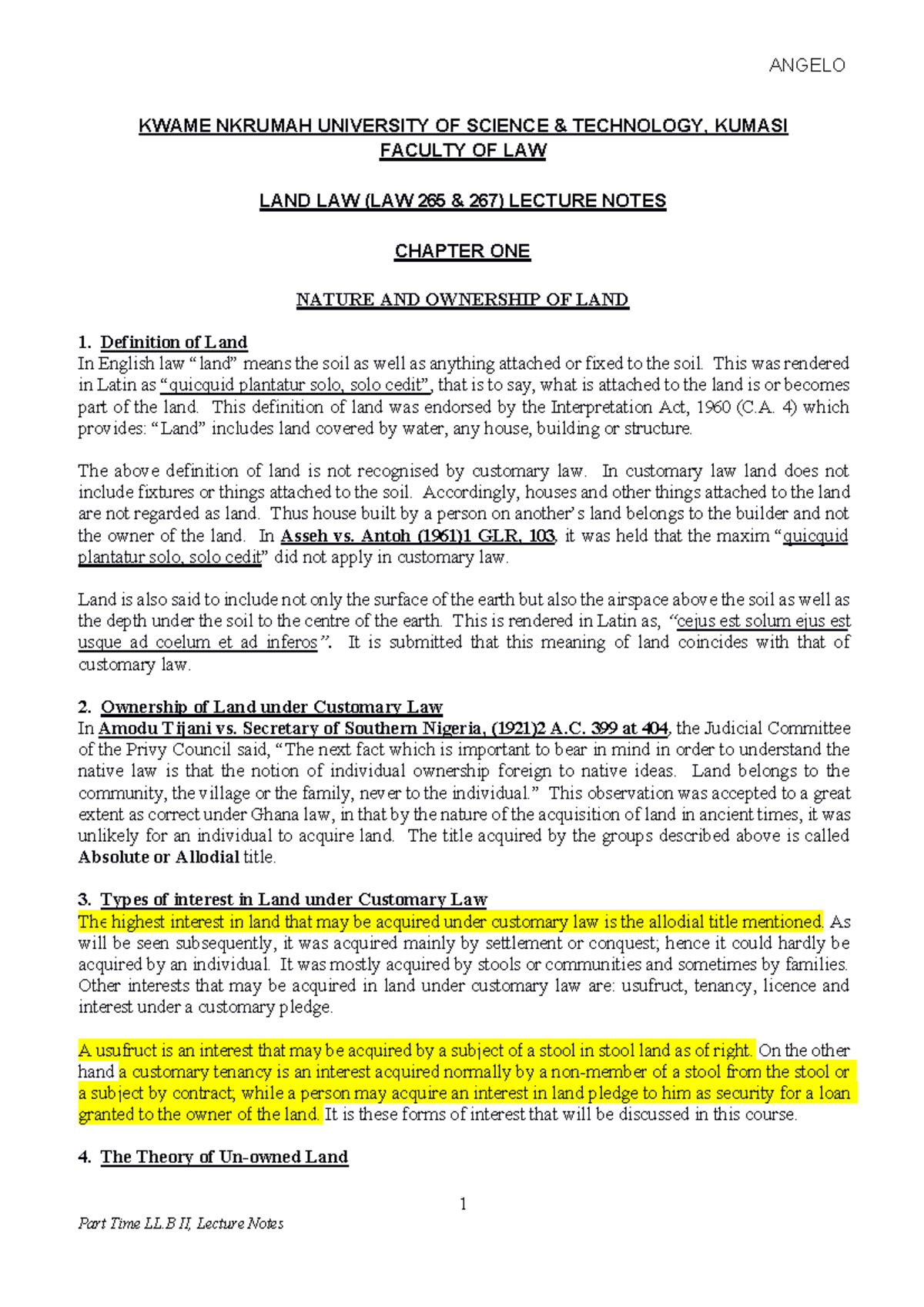 Land law (LAW 265 267) lecture notes: Chapter one - Nature and ...