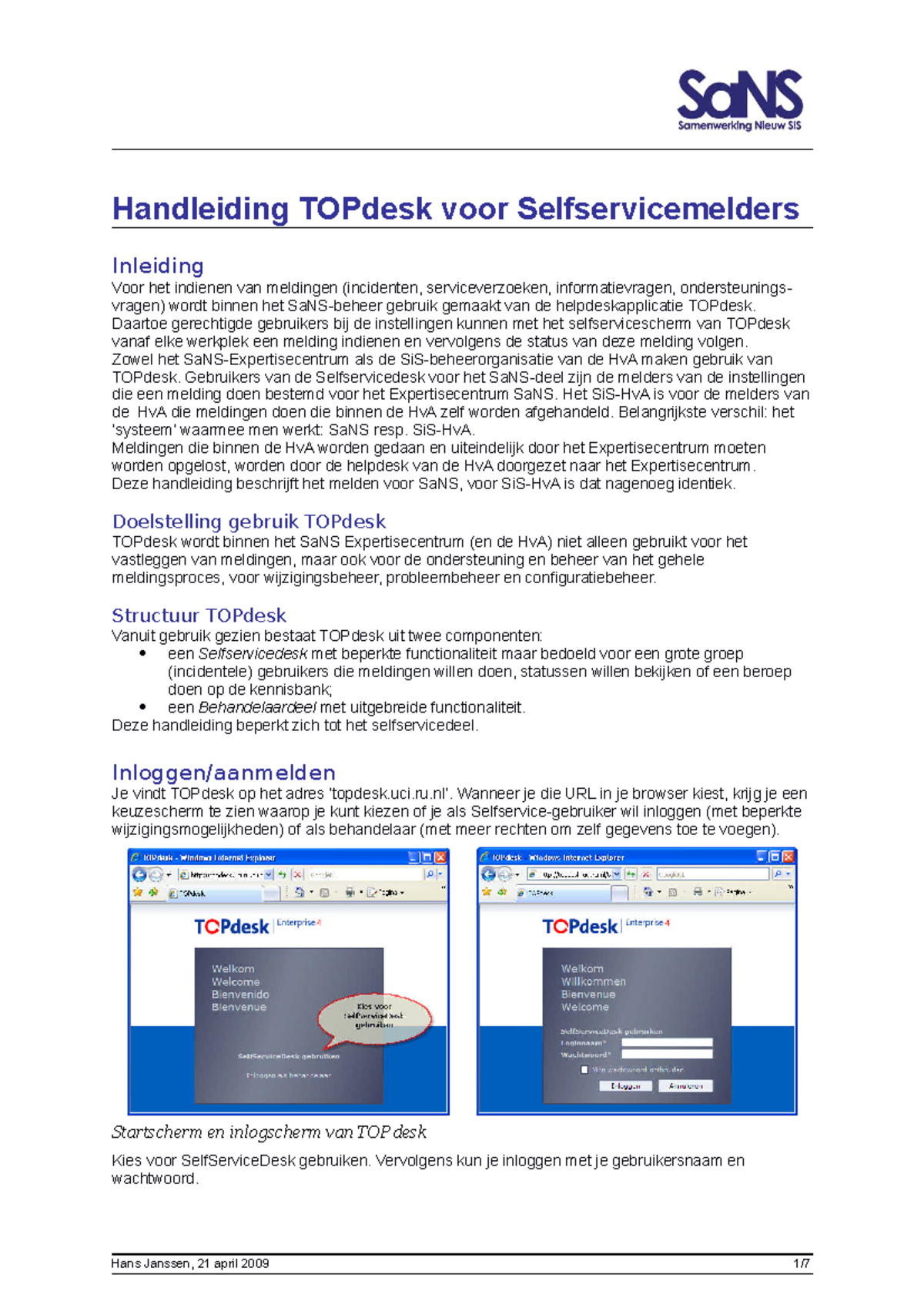 Handleiding TOPdesk Selfservice voor SaNS-gebruikers - Studeersnel