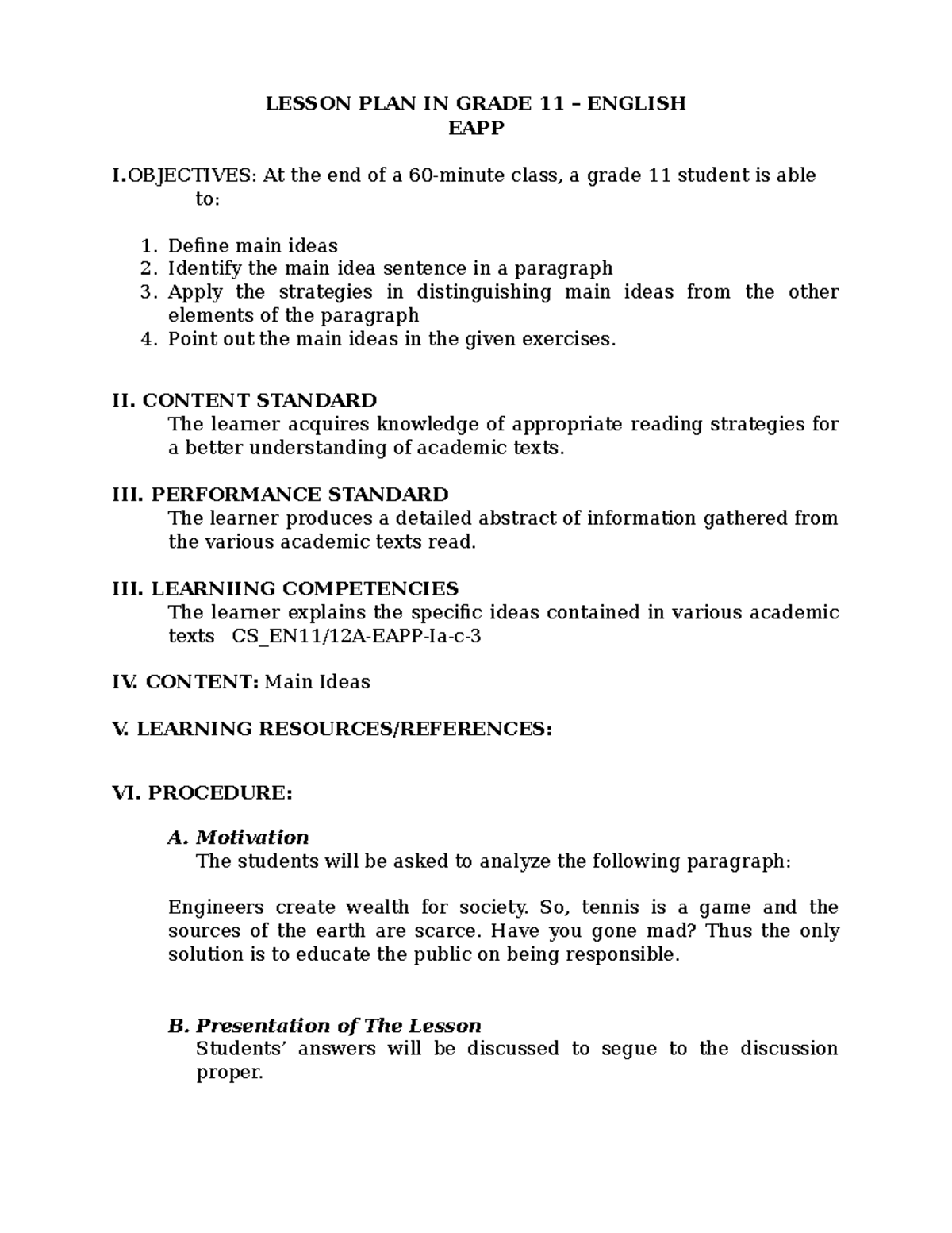 LP EAPP MAIN IDEA - lesson plan - LESSON PLAN IN GRADE 11 – ENGLISH ...