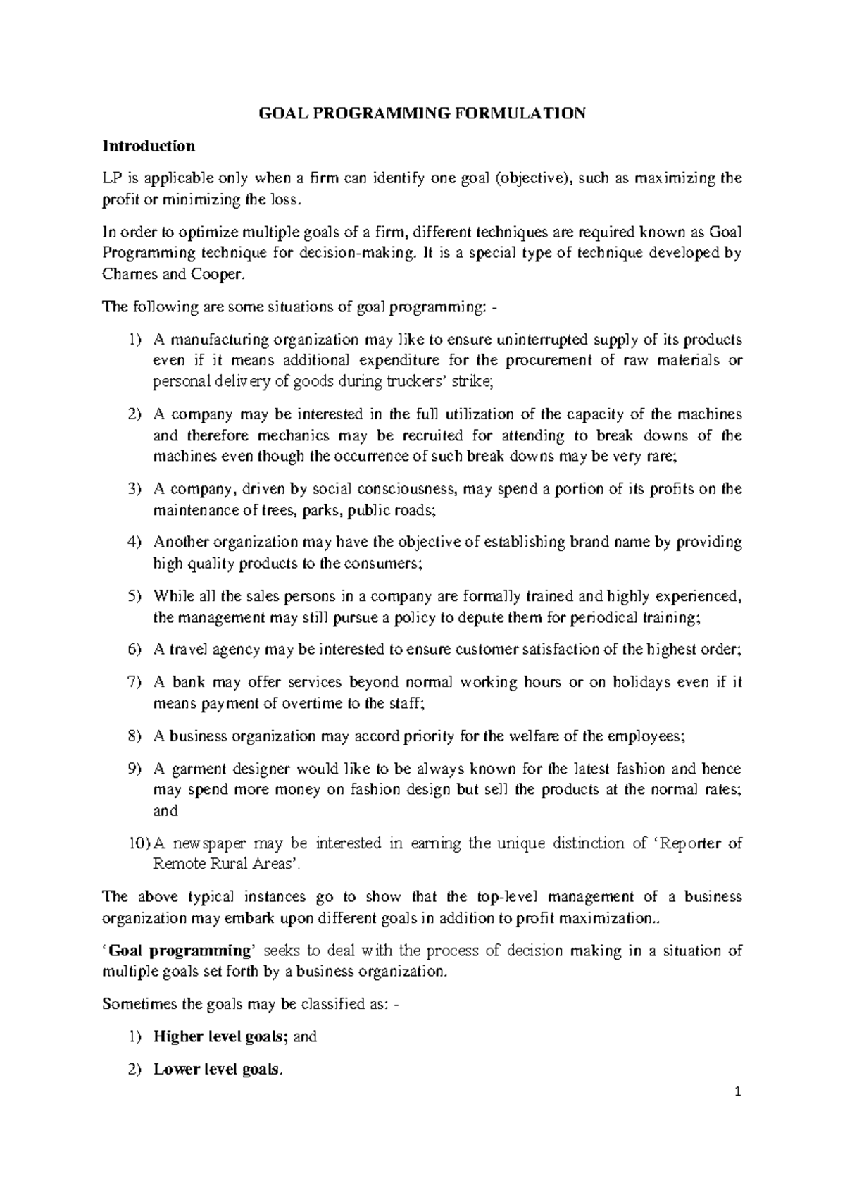 Goal Programming Formulation-Students Notes - GOAL PROGRAMMING ...
