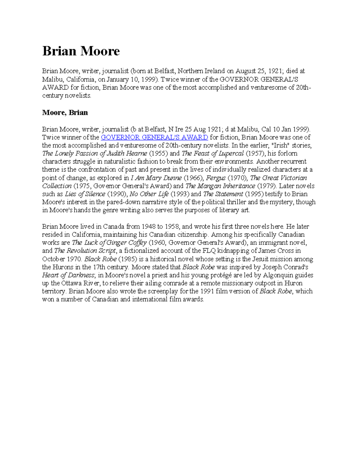Biography of Brian Moore: Acclaimed Novelist & Journalist - Studocu