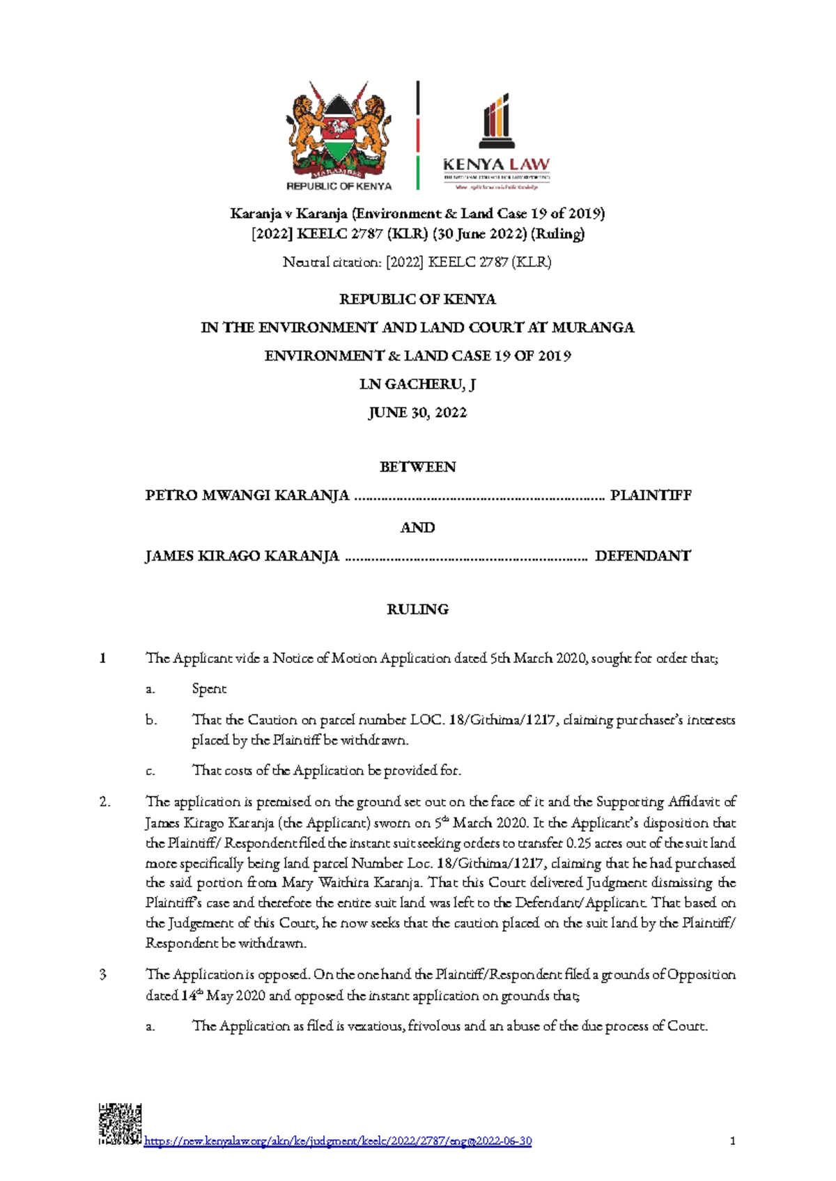 Karanja v Karanja (Env. Land Case 19 of 2019) KEELC 2787 (KLR) Ruling ...