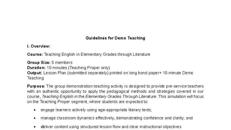 Guidelines for Demo Teaching I: TE2 Lesson Plan Overview - Studocu