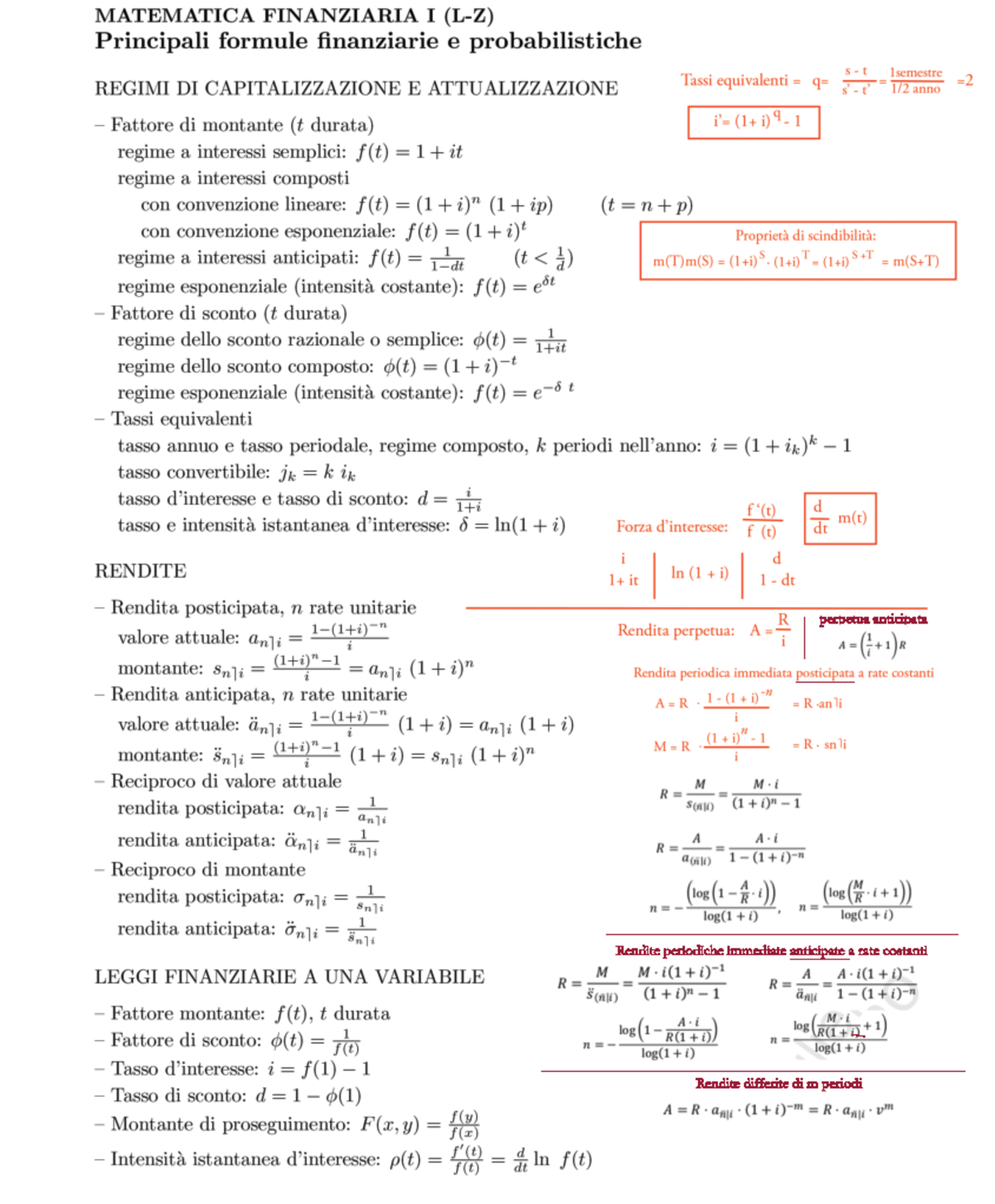Formule di Matematica Finanziaria: Rendite e Probabilità - Studocu