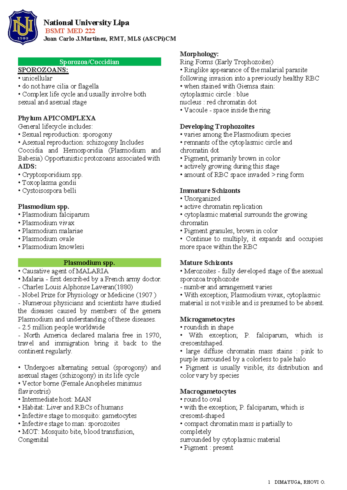 BSMT MED 222: Sporozoa and Coccidian Overview for Final Exam - Studocu