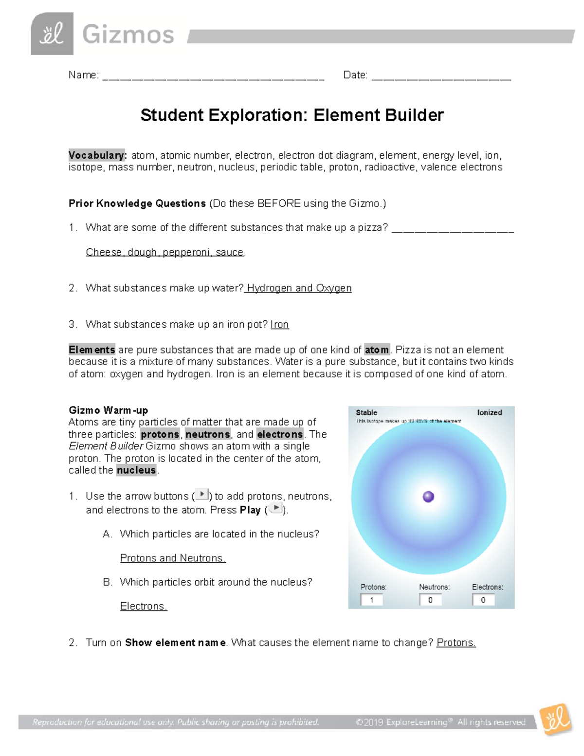 Gizmo - Student Exploration on Element Builder & Atomic Structure - Studocu