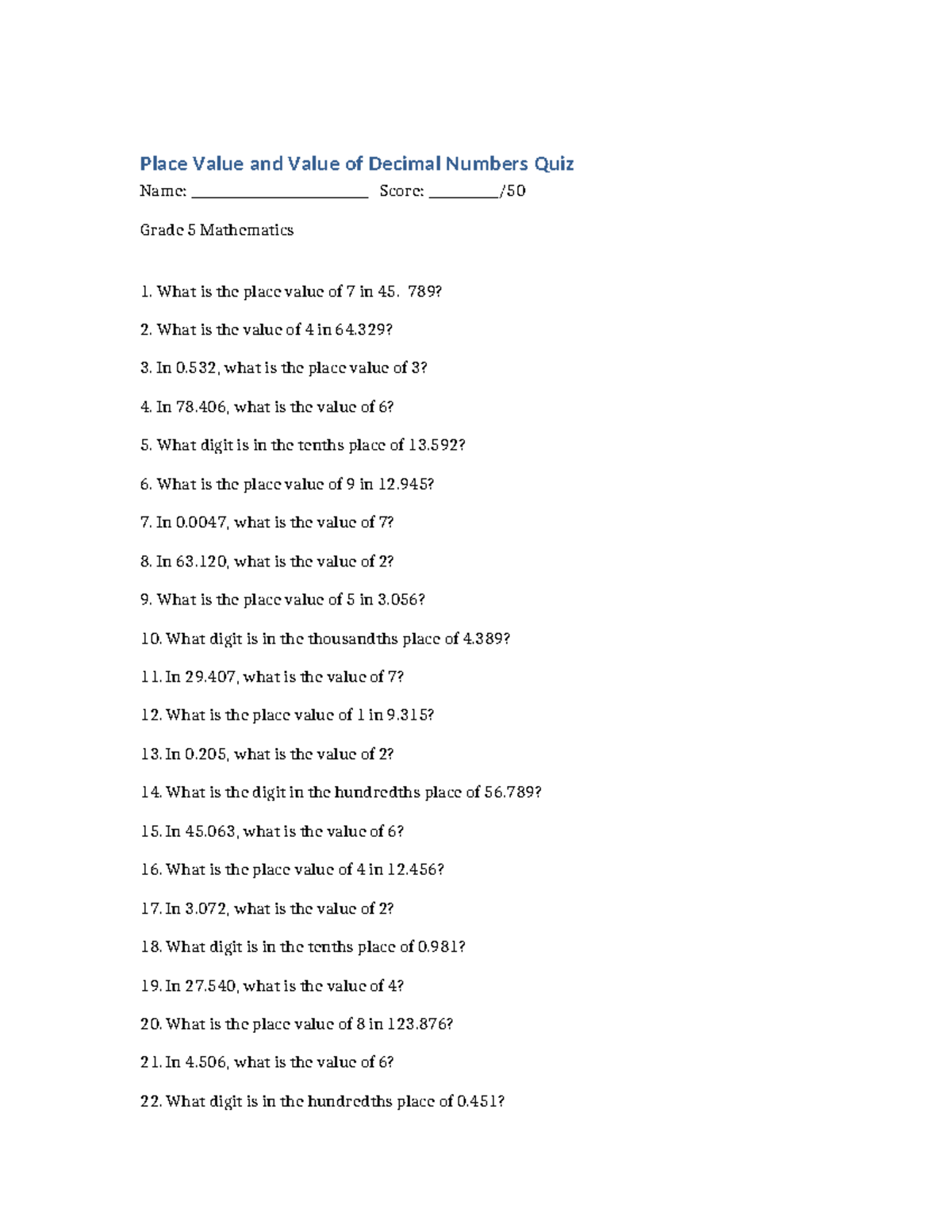 Grade 5 Math: Place Value & Value of Decimal Numbers Quiz - Studocu