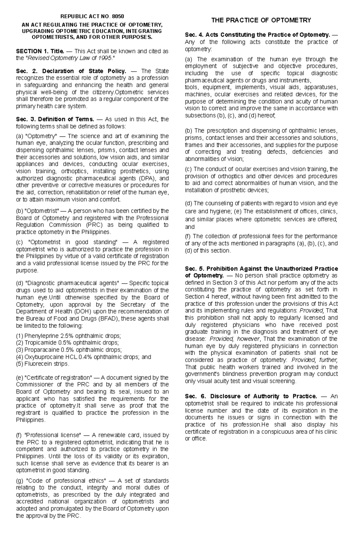 Republic Act 8050: The Optometry Law and Its Provisions - Studocu