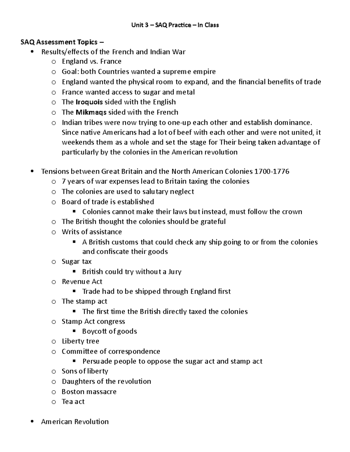 Unit 3 SAQ Practice: French & Indian War to American Revolution - Studocu