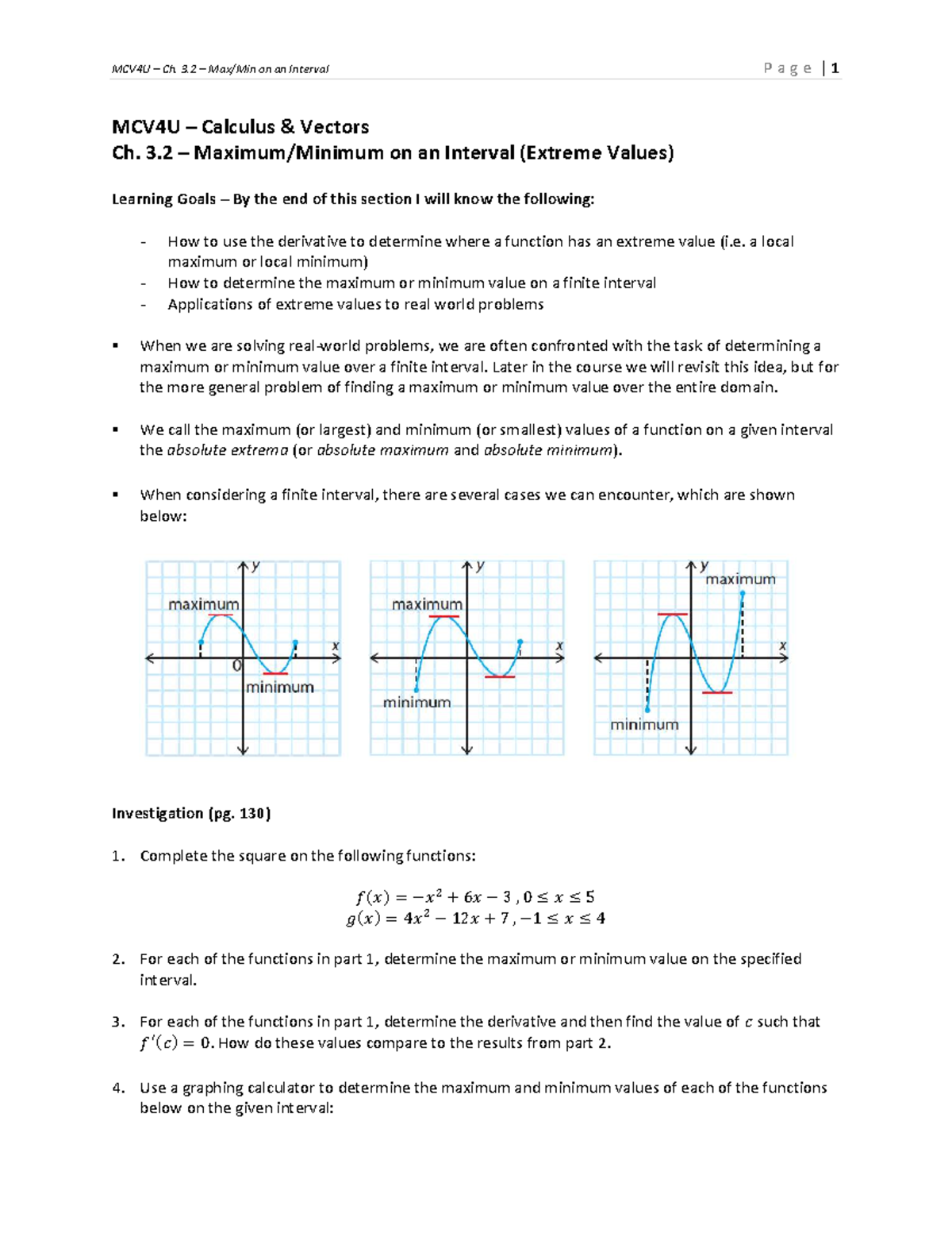 MCV4U - Ch. 3.2 - Max Min on an Interval - MCV4U – Calculus & Vectors ...