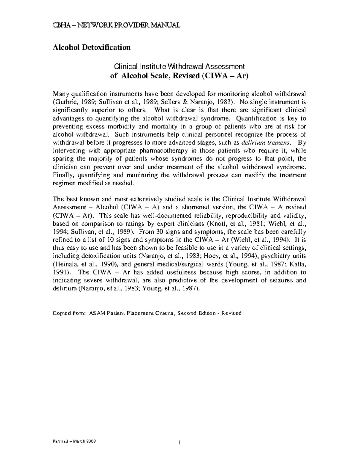 CIWA Ar Guidelines for Alcohol Detoxification and Withdrawal Assessment ...