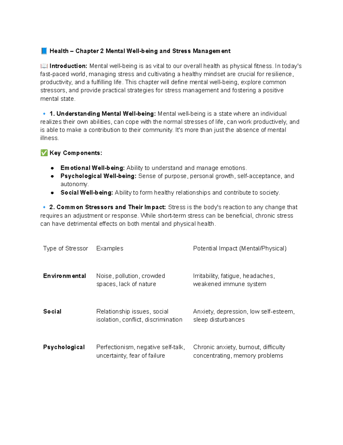 Health CH2: Mental Well-being & Stress Management Guide - Studocu
