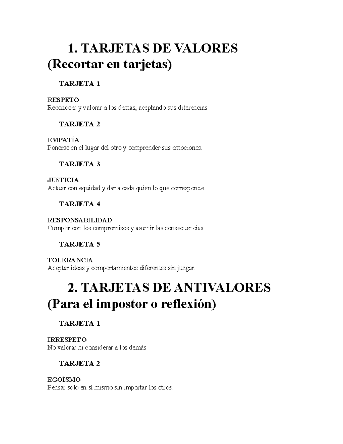 TARJETAS DE VALORES Y ANTIVALORES - Misión Cultura de Paz - Studocu