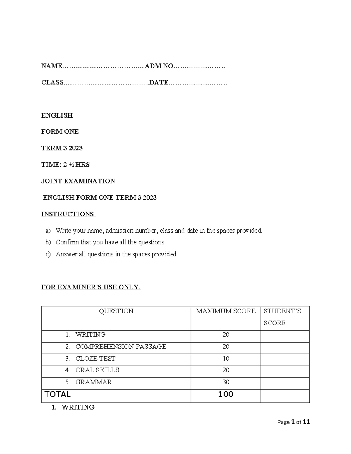 FORM-1-2023-END-T3-ENGLISH-JOINT-EXAMINATION-QUESTION-SHEET - Studocu