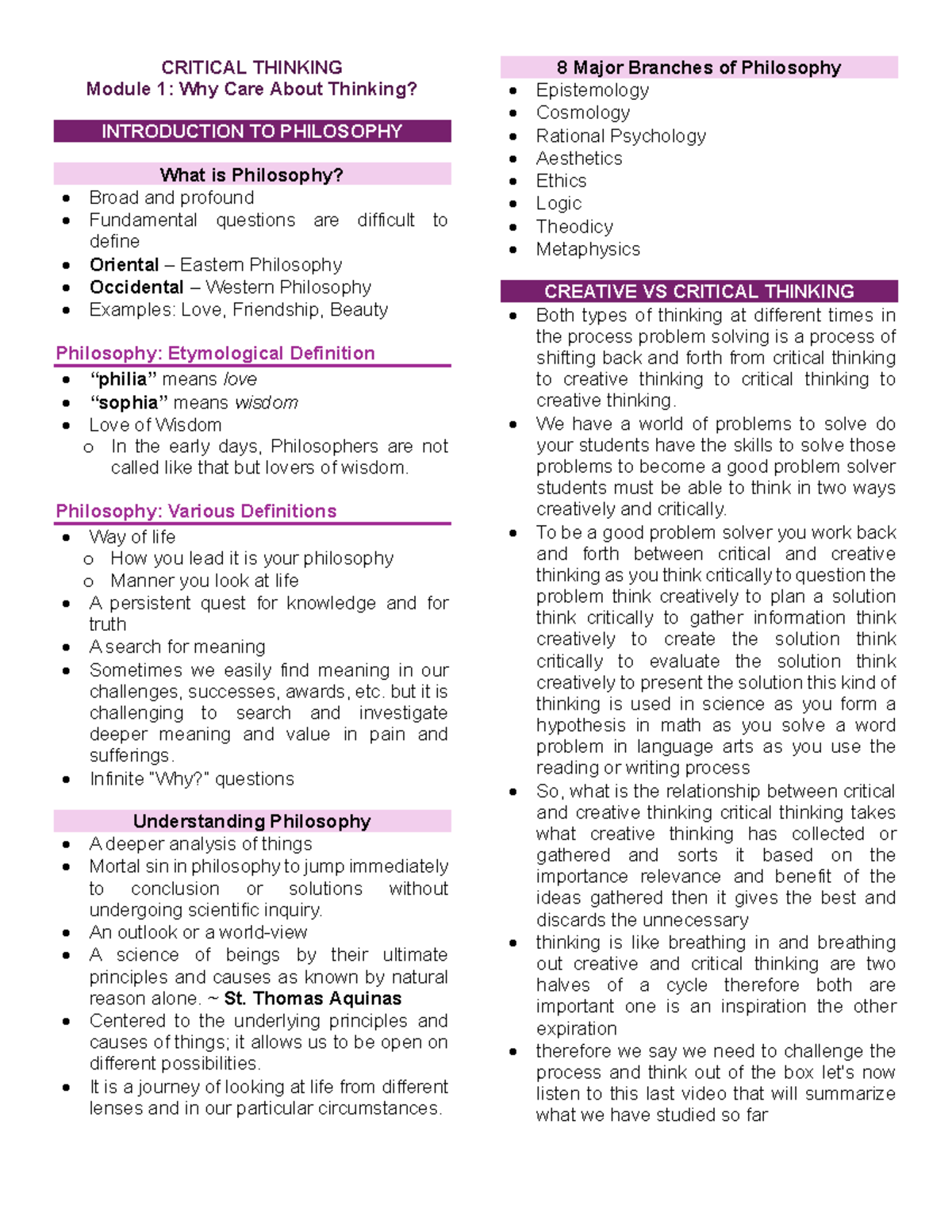 Critical Thinking Notes: Module 1 - Understanding Philosophy and Its ...