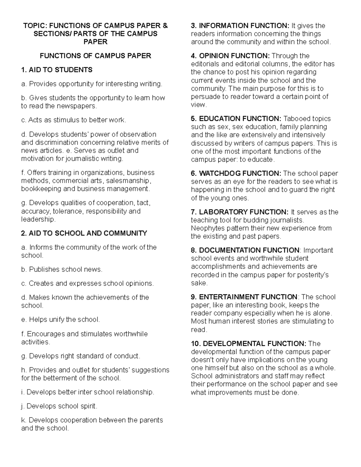 Campus Journalism Handout 1st Reporter - TOPIC: FUNCTIONS OF CAMPUS ...