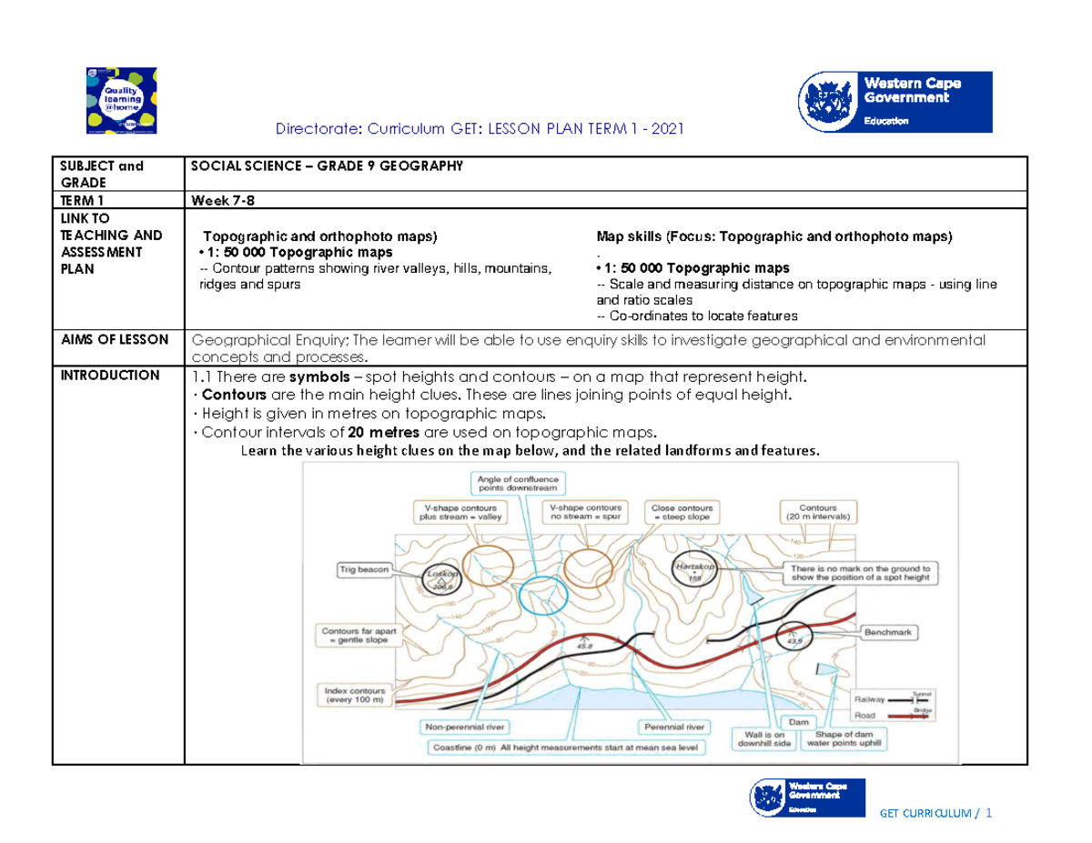Lesson Plan SP Grade 9 Geography T1 W7&8: Topographic Maps Skills - Studocu