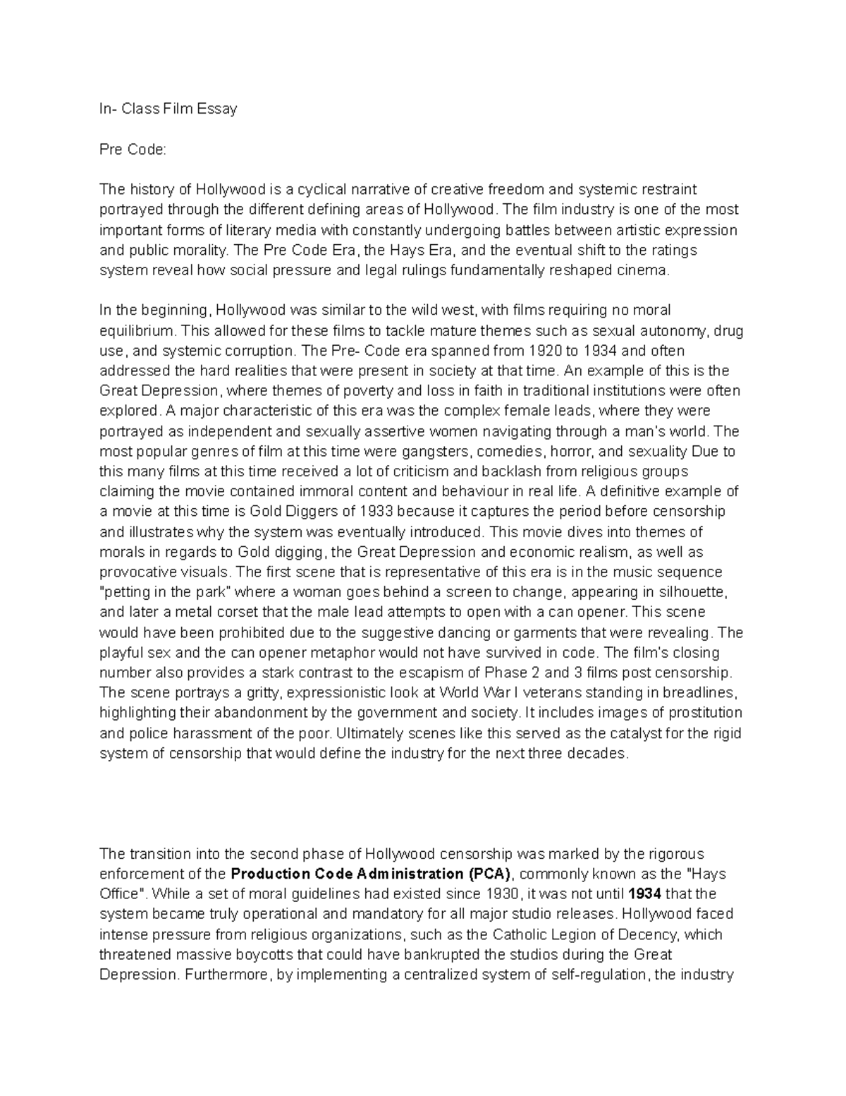 FS101 Class Film Essay: The Evolution of Hollywood Censorship - Studocu