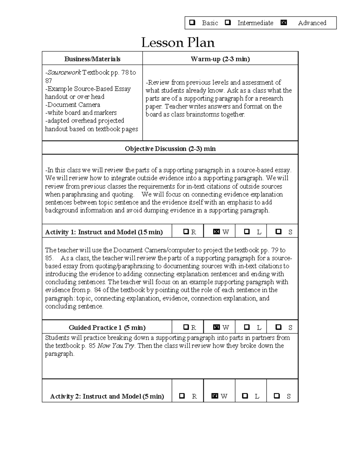 ENG 201: Supporting Paragraphs in Research Essays - Lesson Plan - Studocu