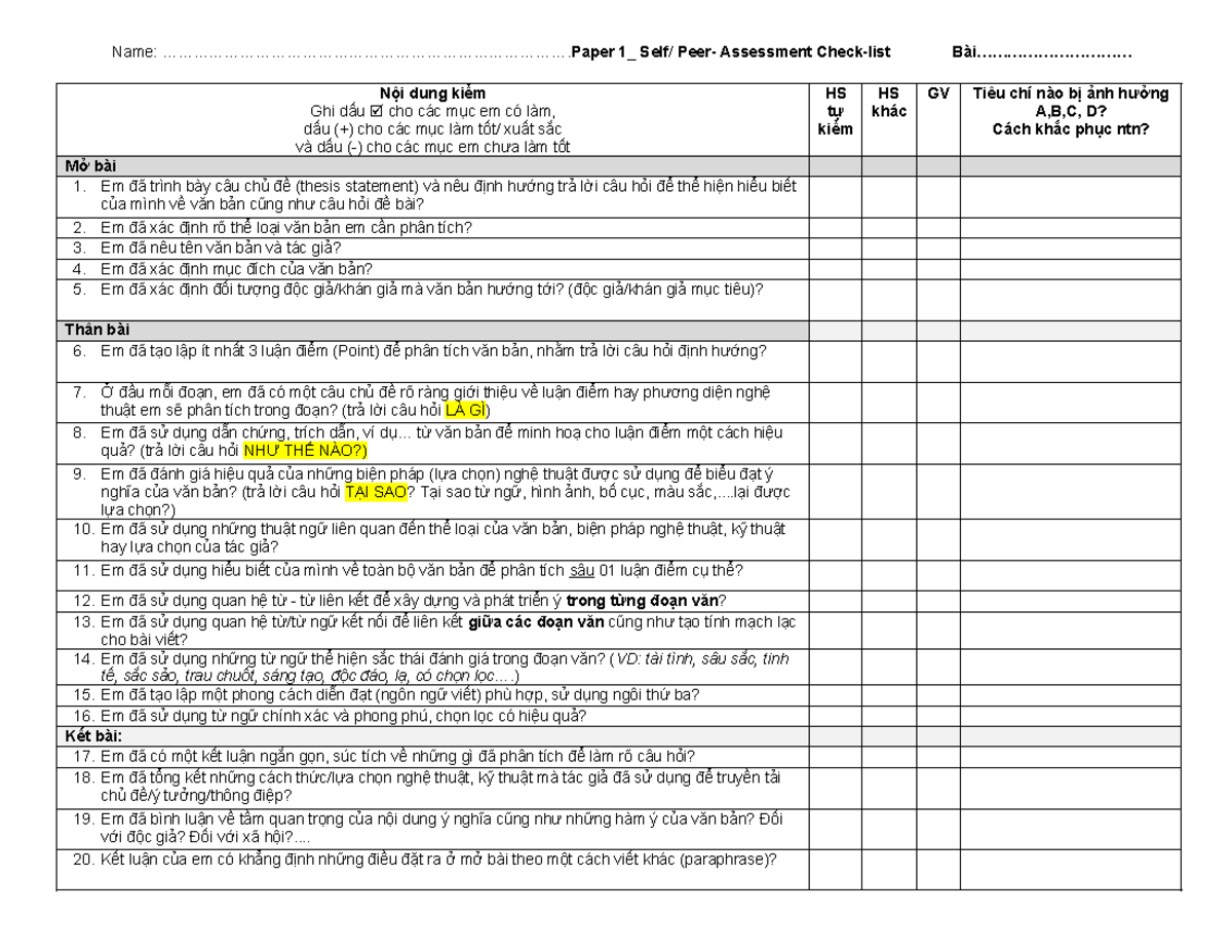 Paper 1 Peer-Assessment Checklist for Self & Others - Studocu