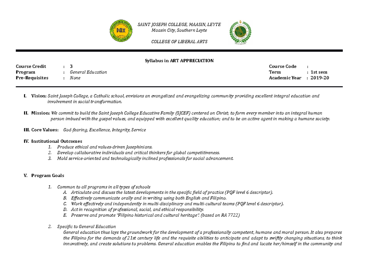 Art Appreciation Syllabus (Course Code: GE101) - 1st Semester 2019-2020 ...