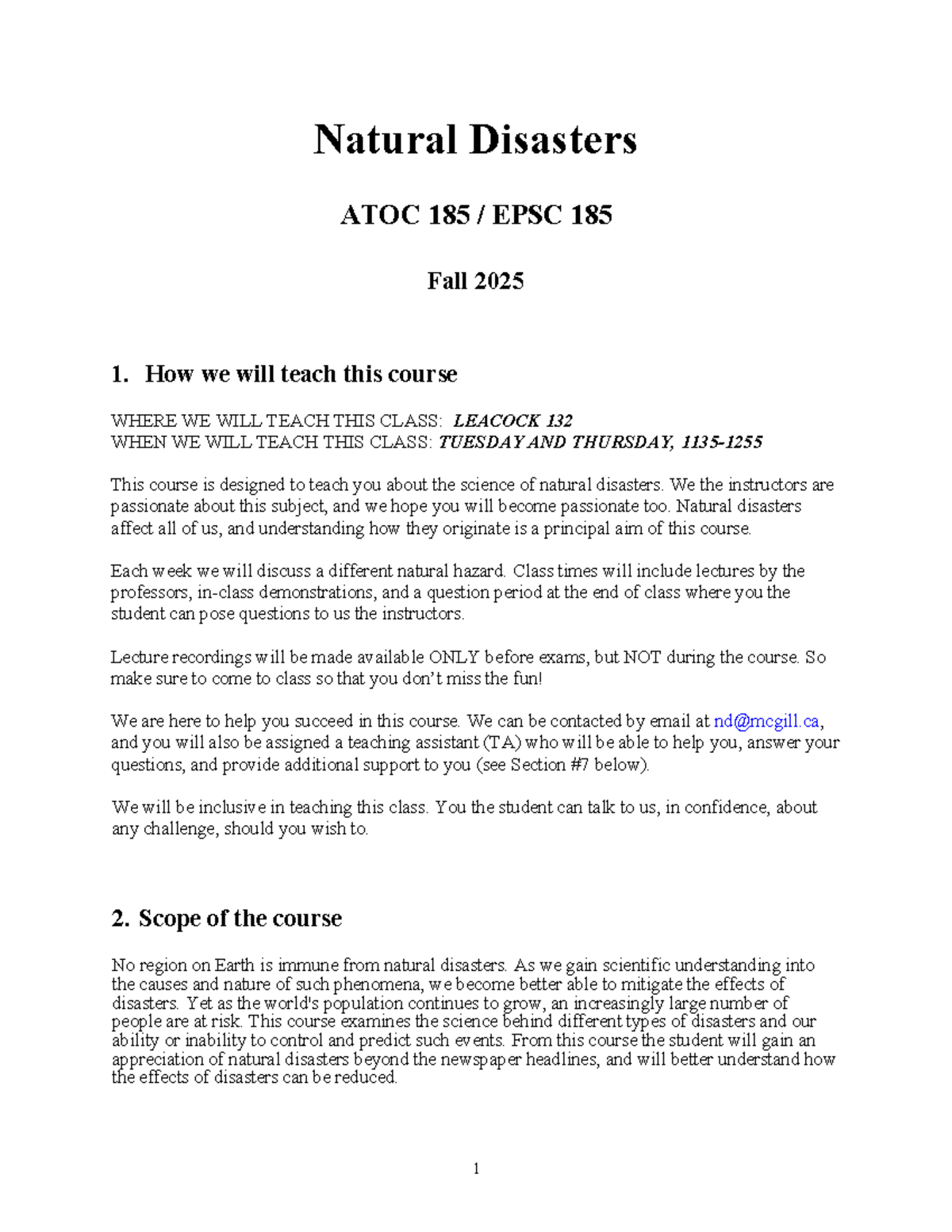 Natural Disasters Course Outline ATOC 185 EPSC 185 Fall 2025 - Studocu