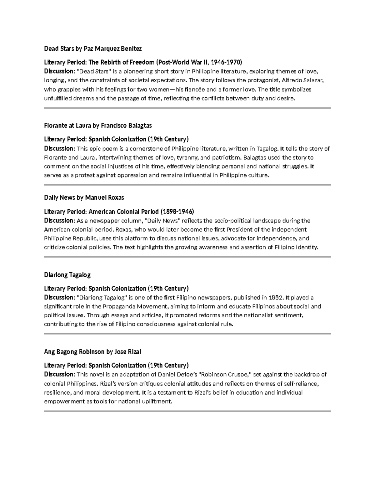Philippine Literature Review: Key Works and Themes (ENG 101) - Studocu
