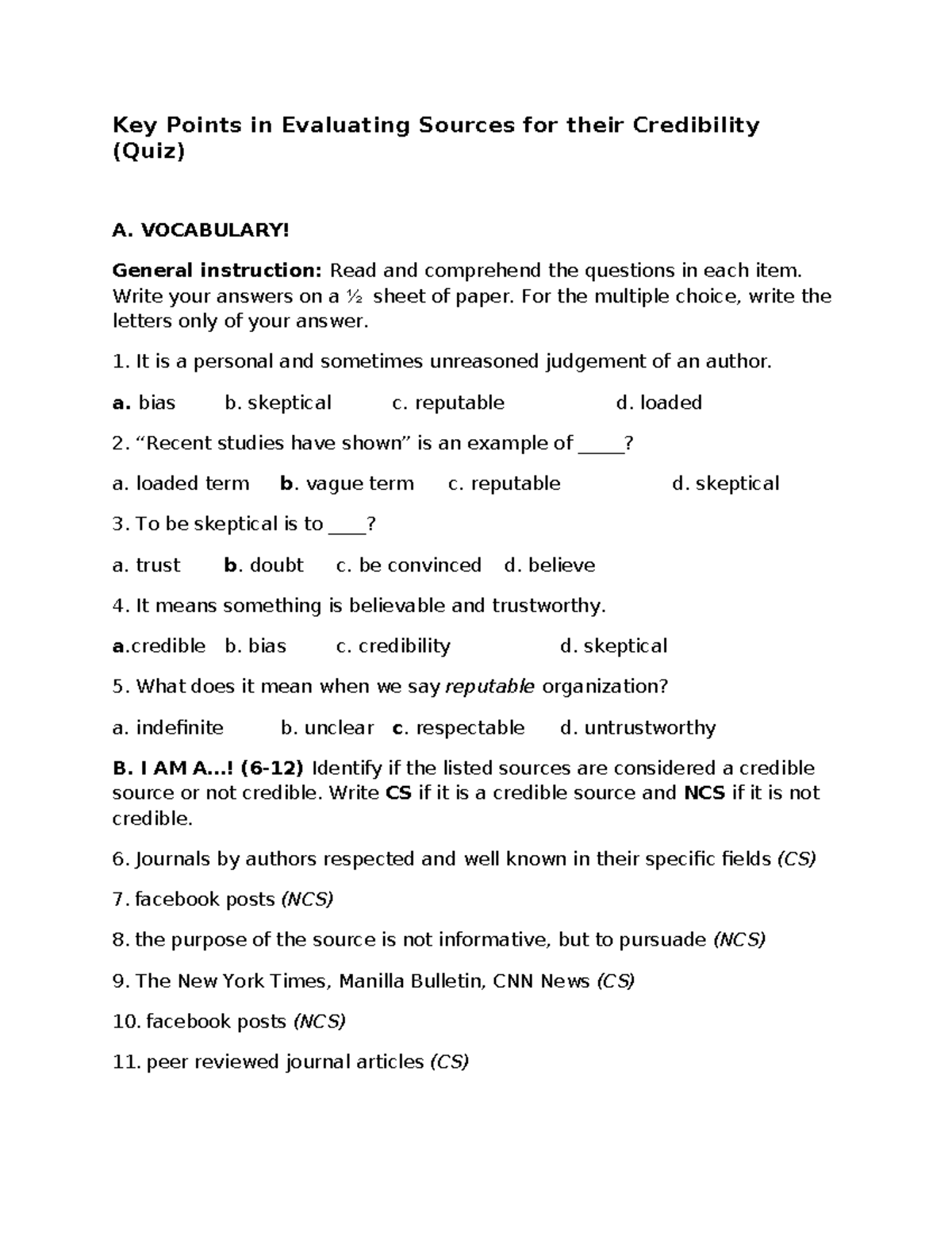 Informative Writing ang Credible Sources QUIZ - Key Points in ...
