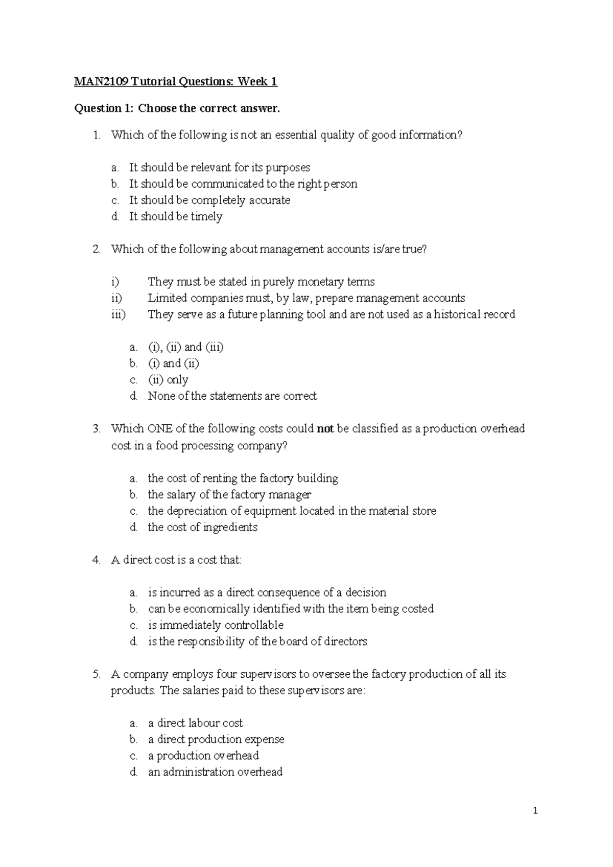 Managerial Accounting - Tutorial Questions Week 1 - MAN2109 Tutorial Questions: Week 1 Question ...