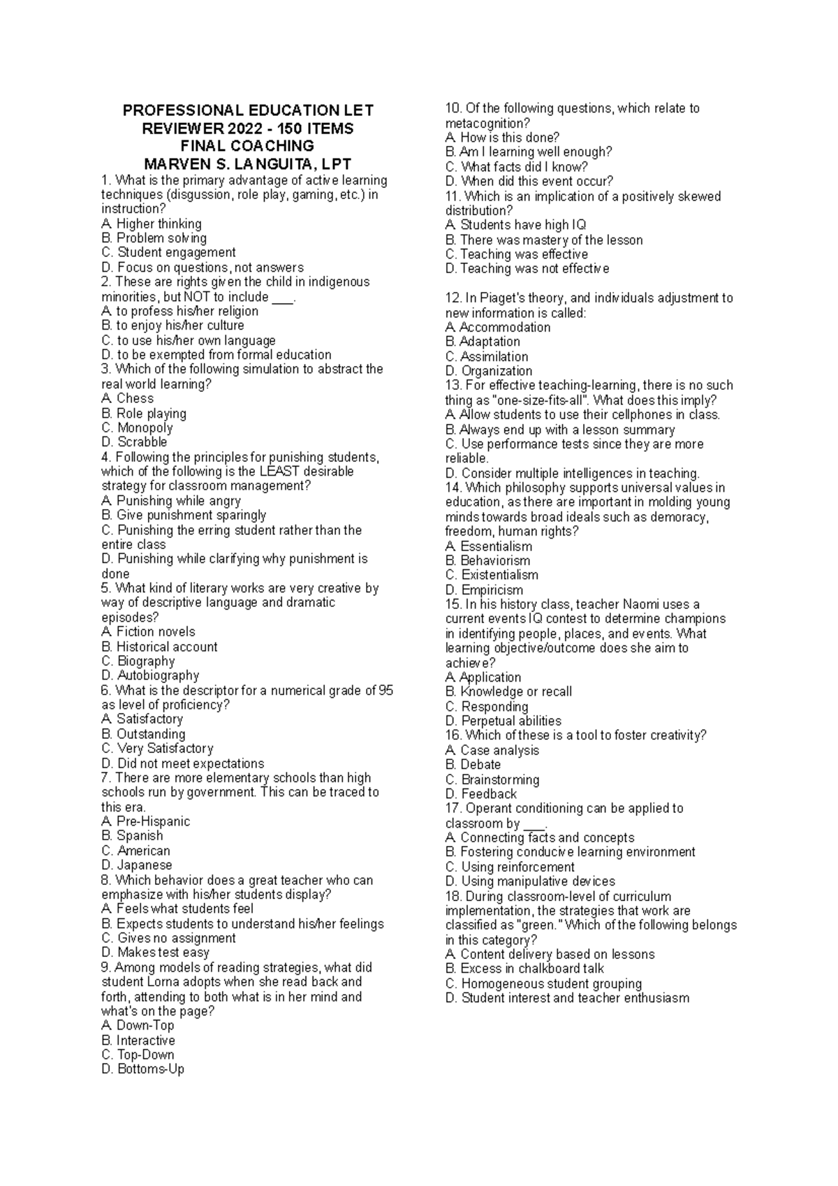 PROF ED 2022 LET Final Exam Reviewer - 150 Questions Guide - Studocu