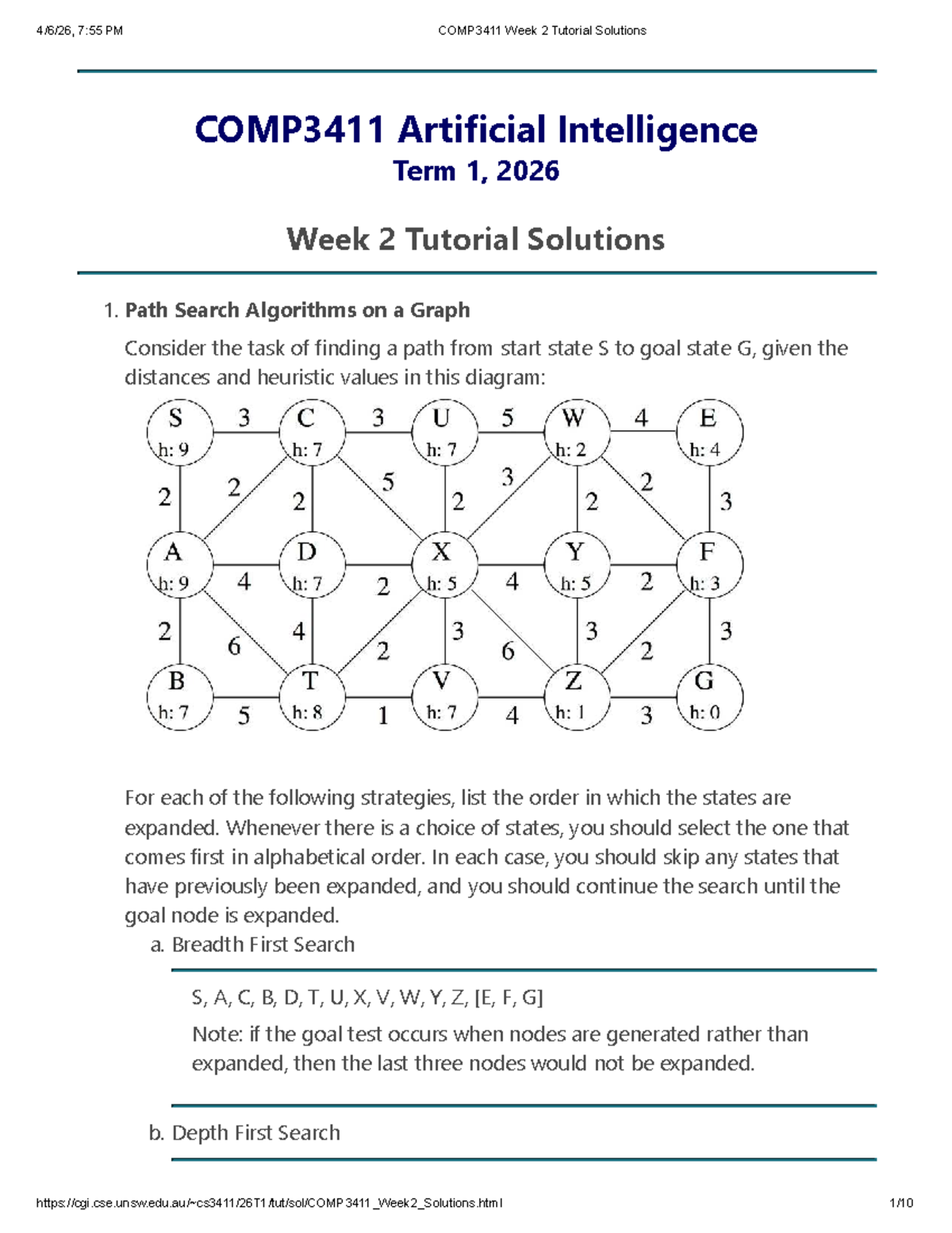 COMP3411 Term 1, 2026 Week 2 Tutorial Solutions on Path Search ...
