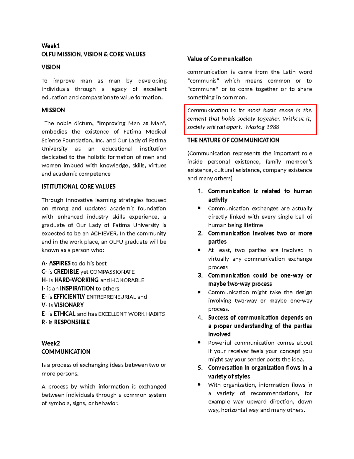 PURC111 REVIEWER - Week OLFU MISSION, VISION & CORE VALUES VISION To ...