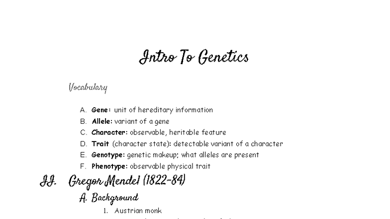 Gen Bio 10 13 25 Lecture 12: Intro to Genetics Vocabulary & Mendelian ...