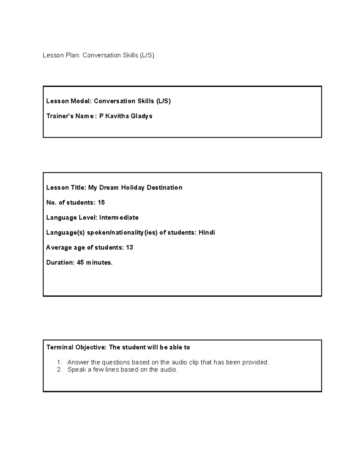 Lesson Plan: Conversation Skills on Dream Holiday Destinations (INT ...