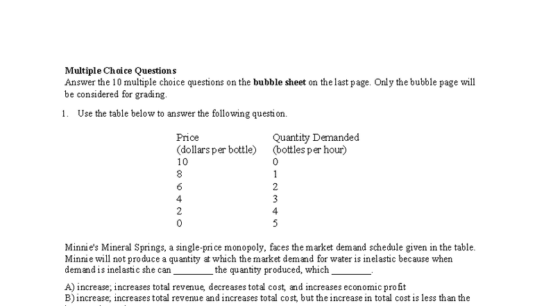 Past Exam Quiz: Multiple Choice Questions on Economics Concepts - Studocu