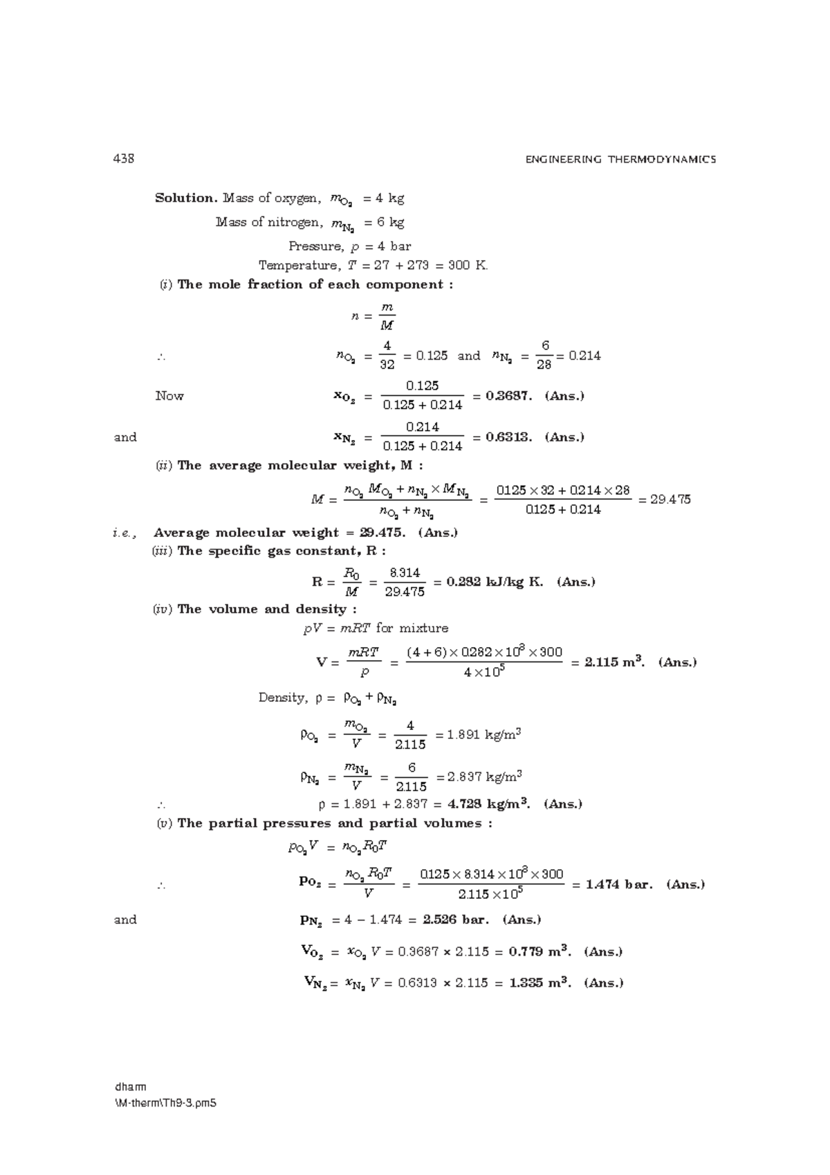 438 ENGINEERING THERMODYNAMICS Solutions: Mole Fractions & Properties ...