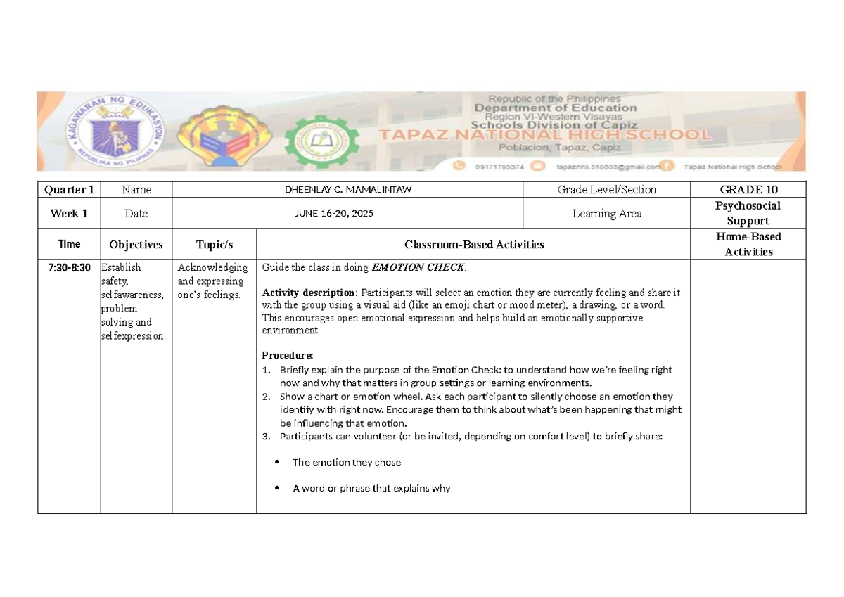 PSS 10 Day 1 Lesson Plan: Emotions & Self-Expression Activities - Studocu