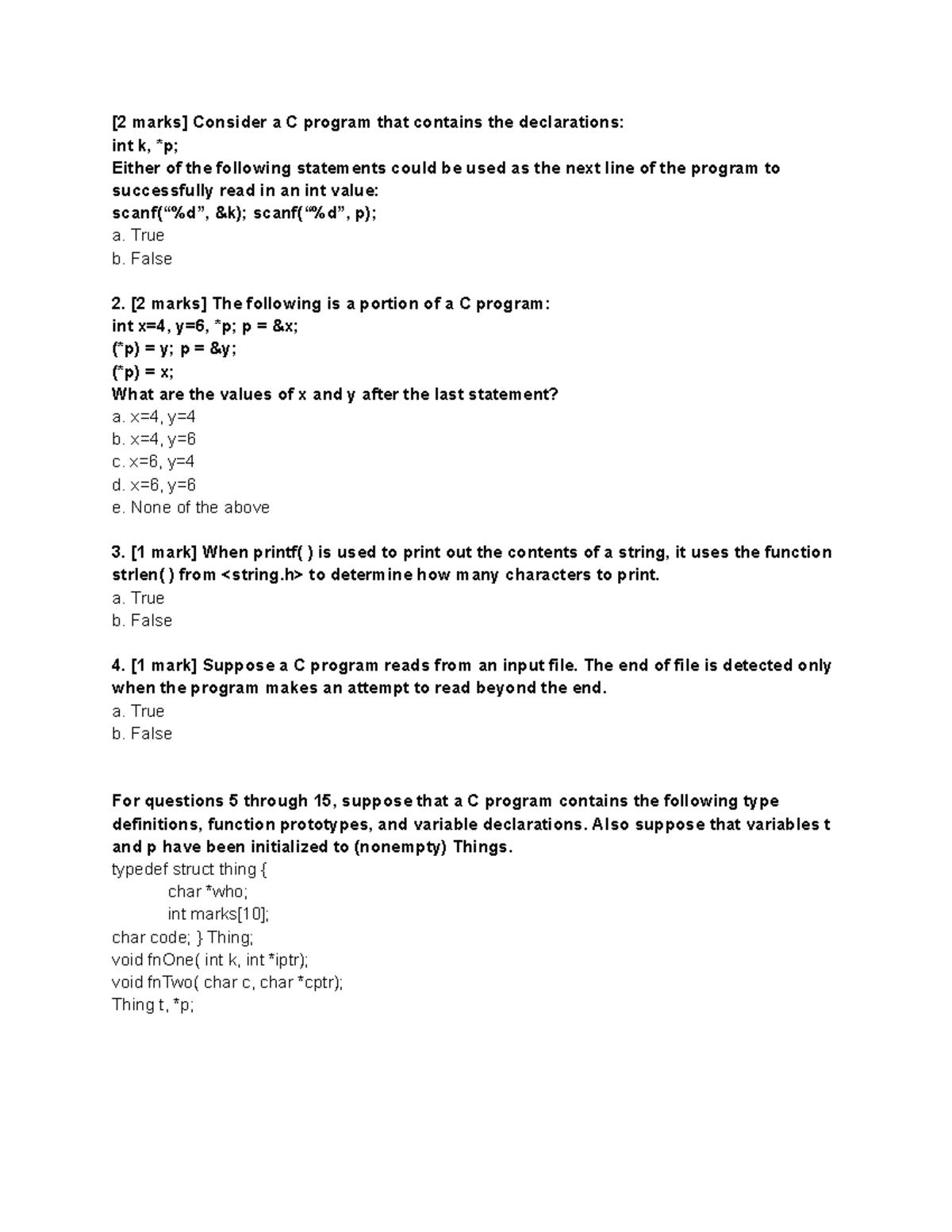 C Programming 2211 2020 Final Exam Questions and Answers - Studocu