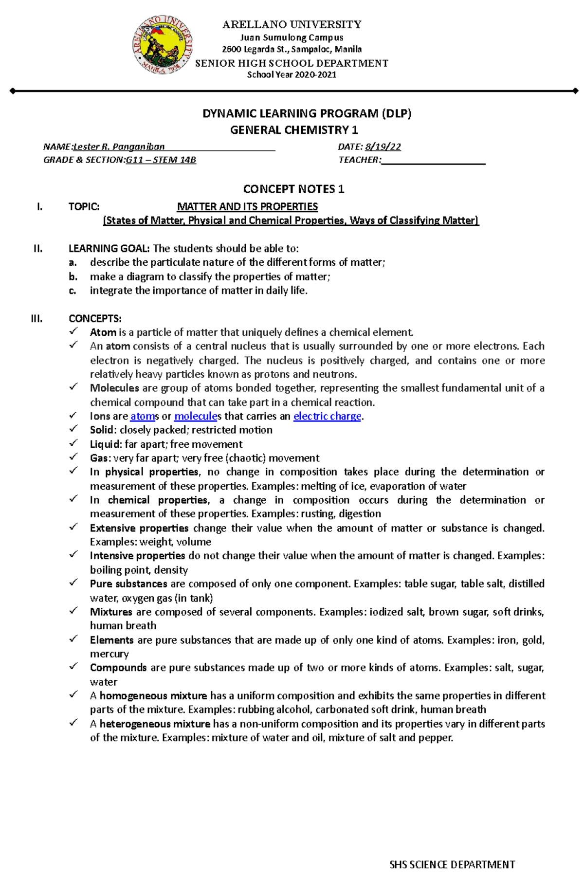 DLP1 Concept Notes: Matter and Its Properties - G11 STEM 14B - Studocu