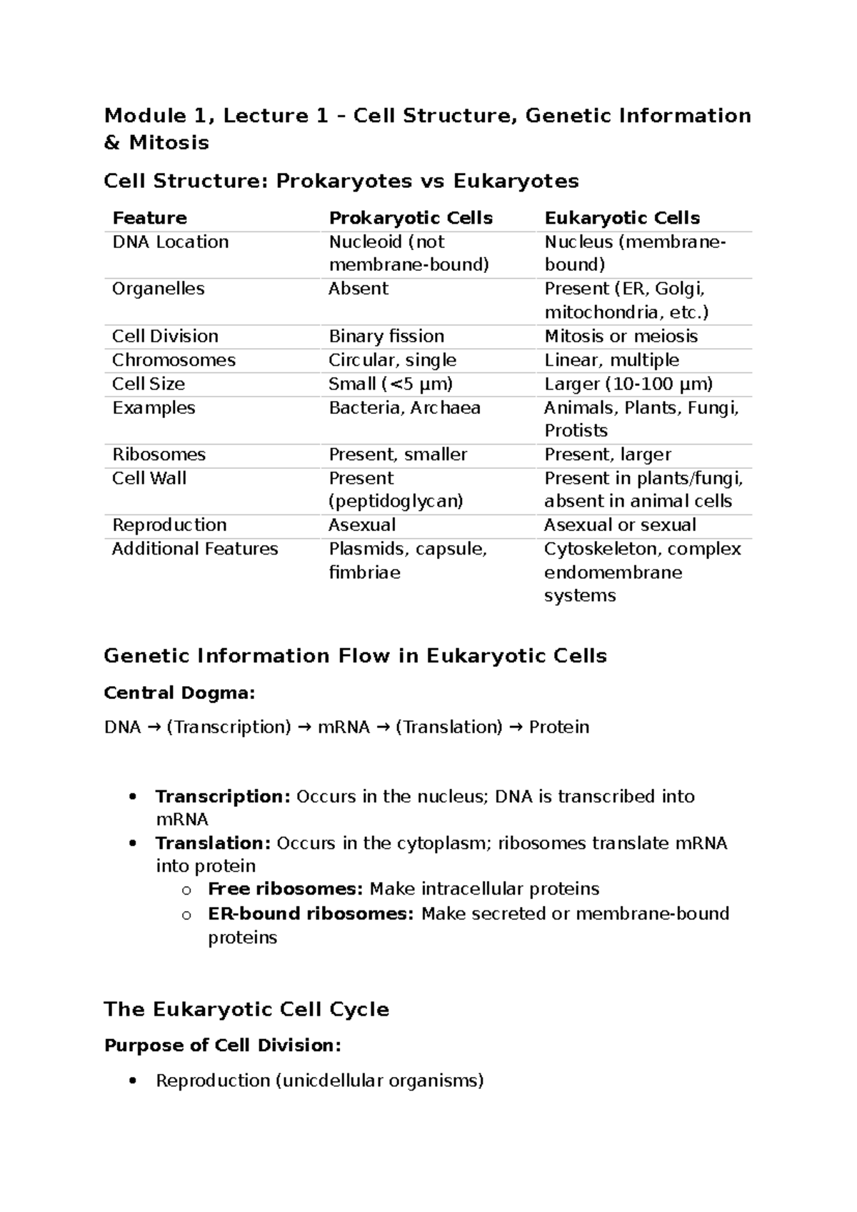 Mod 1, Lec 1 - Cell Structure & Genetic Info Overview - Studocu