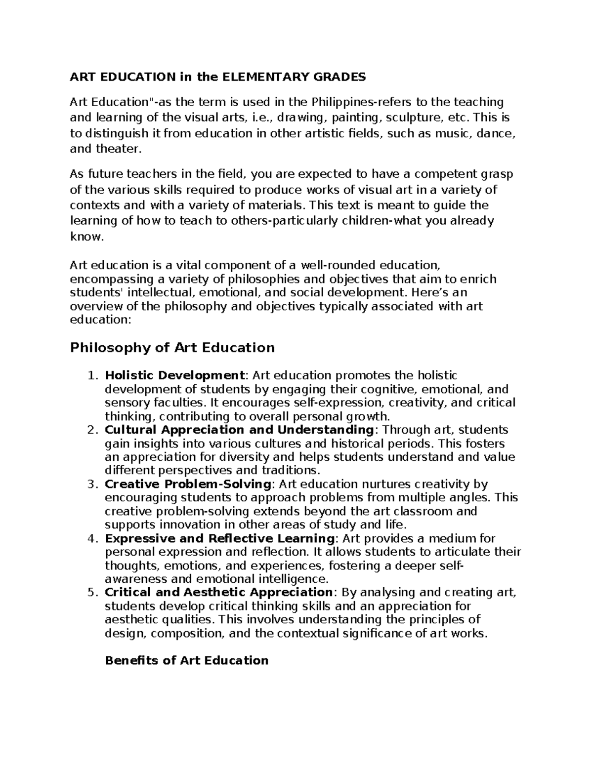Philosophy & Objectives of Art Education in Elementary Grades - Studocu