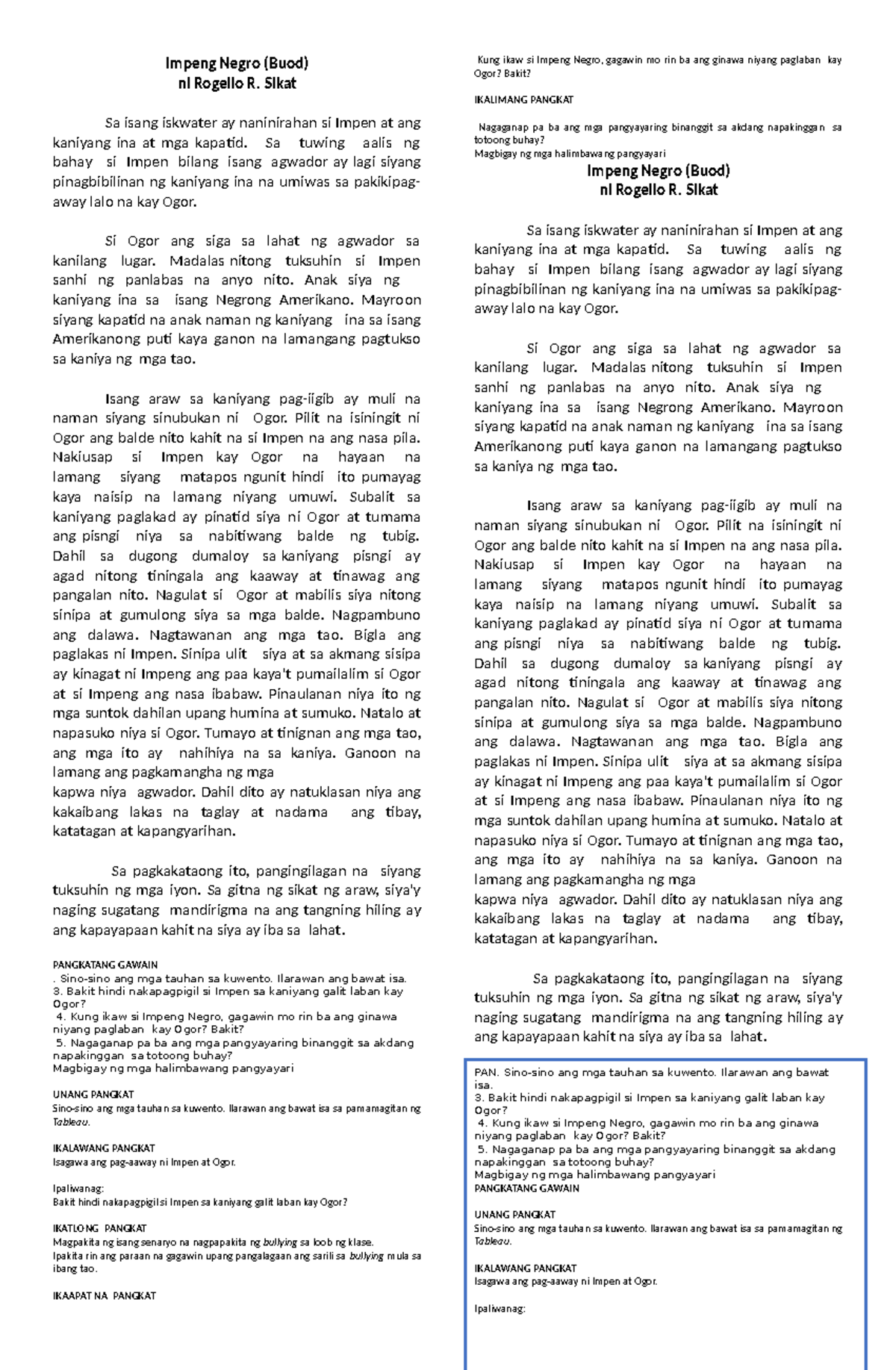 Impeng Negro (Buod) at ang mga Aral ng Labanan Kay Ogor - Studocu