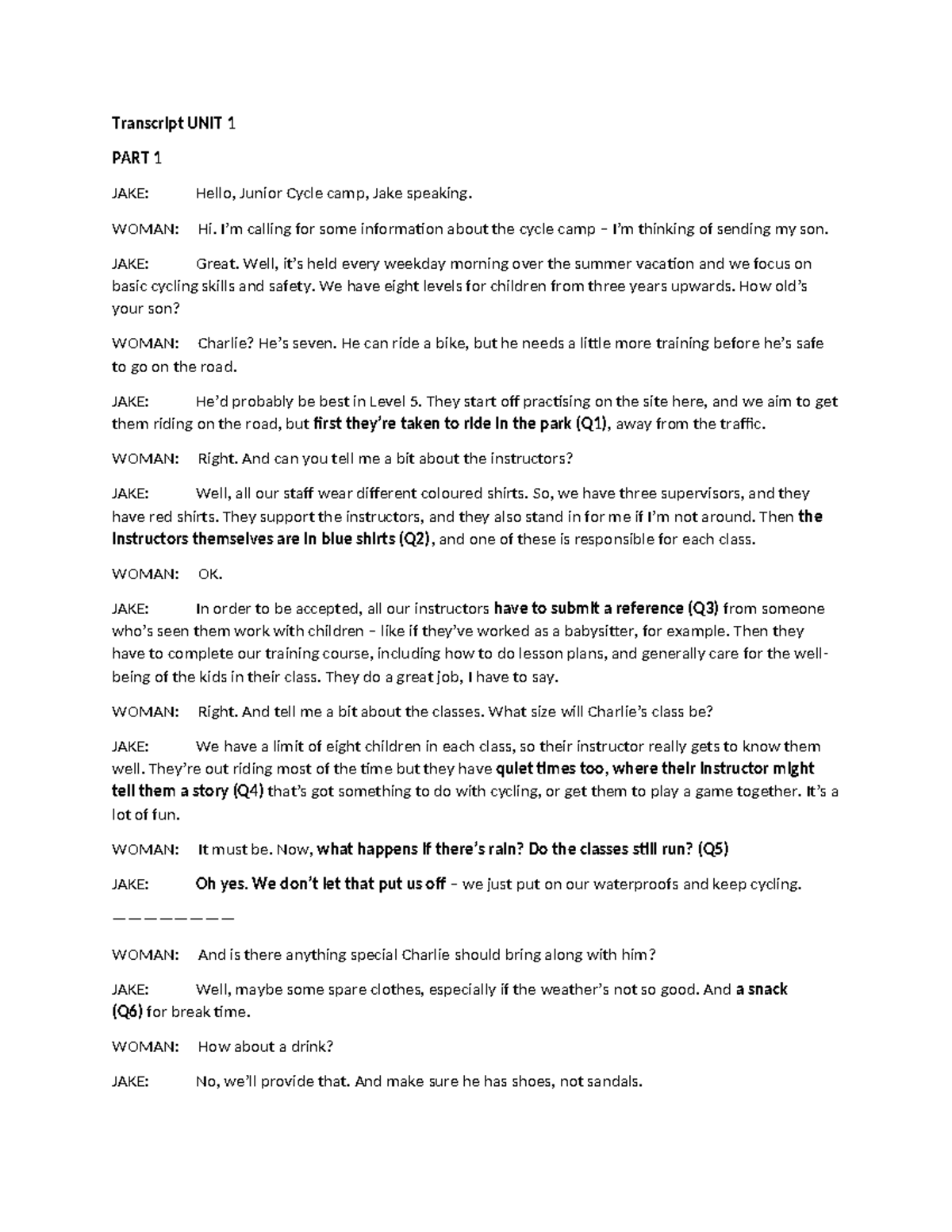 SS1 Transcript - English Practice: Junior Cycle Camp Overview - Studocu