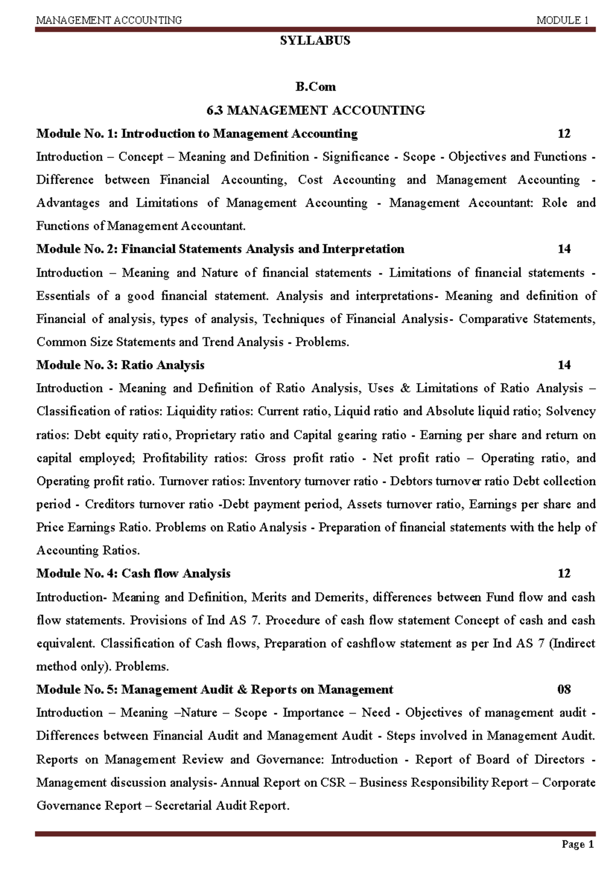 B.Com Management Accounting Module 1 Syllabus - Studocu