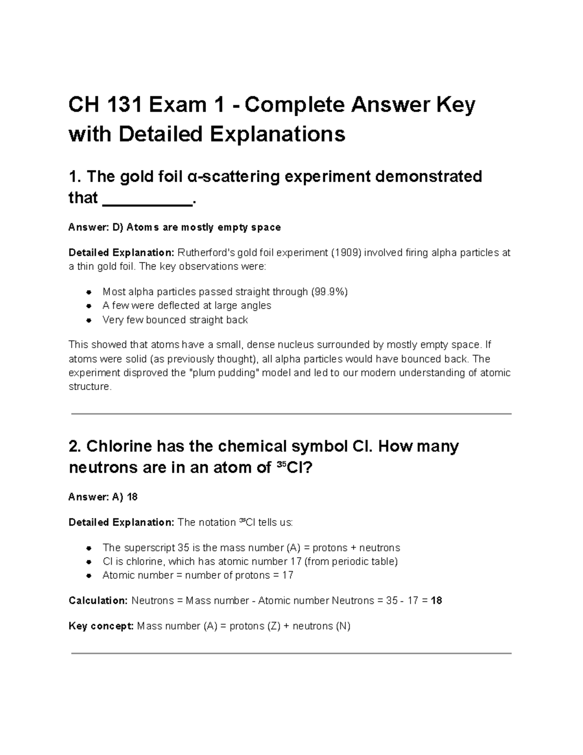 CH 131 Exam 1 - Complete Answer Key with In-Depth Explanations - Studocu