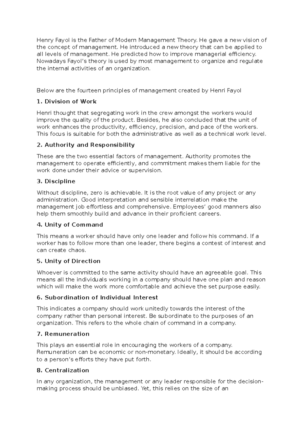 Fayol's 14 Principles of Management: A Comprehensive Overview - Studocu