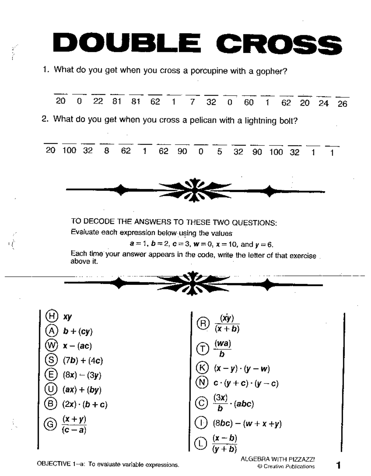 Algebra with Pizzazz Book A - _ DOUBLE CRossS 1. What do you get when ...