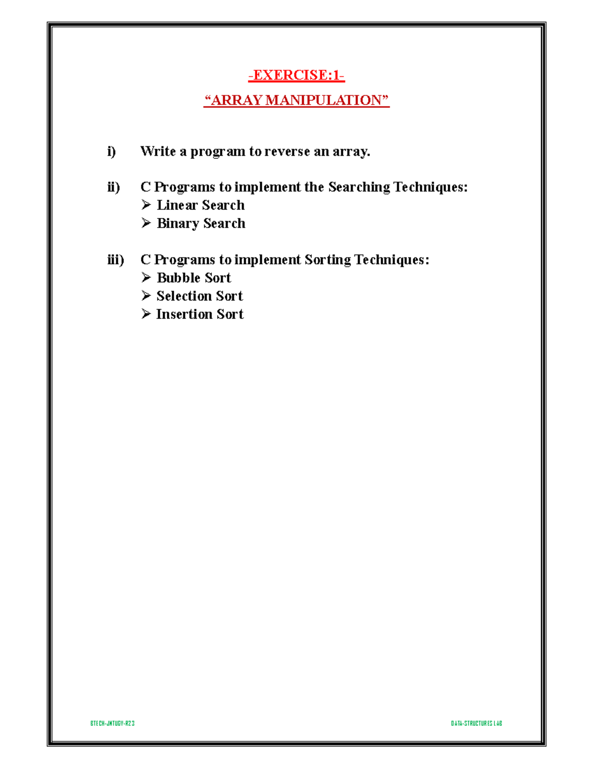 DS-LAB@EX-1: C Programs for Array Reversal, Searching & Sorting Techniques - Studocu