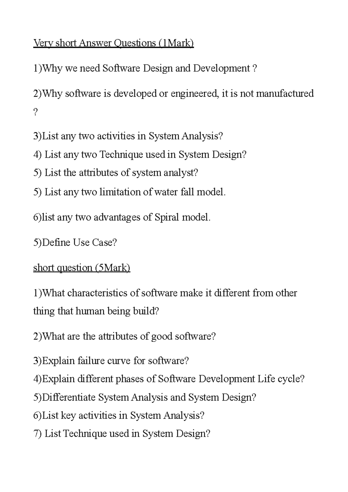 Software Design & Development Q&A - Practice (1 Mark & 5 Marks) - Studocu